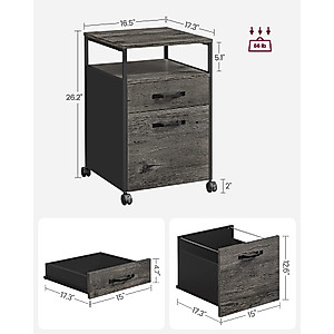 VASAGLE File Cabinet, Mobile Filing Cabinet with Wheels, 2 Drawers, Open Shelf, for A4, Letter Size, Hanging File Folders, Charcoal Gray and Ink Black UOFC071B04