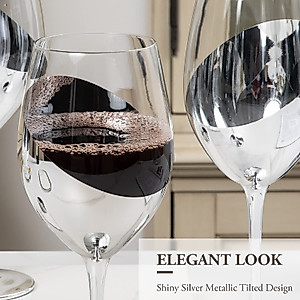 MyGift Modern Silver Long Stemmed Wine Glasses for White or Red Wine with Elegant Angled Design, Set of 4