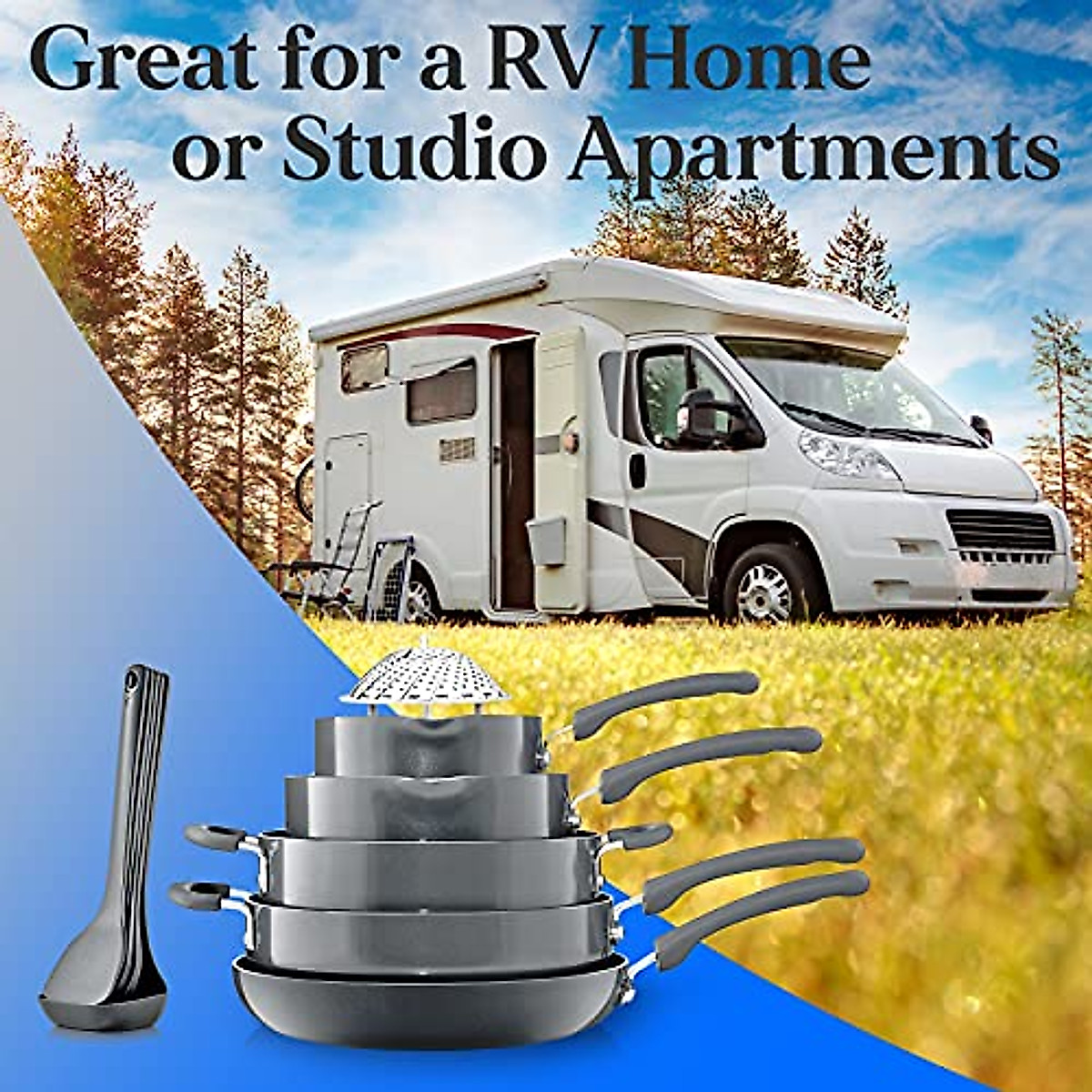 NutriChef Kitchenware Cookware, Non-Stick Pans and Pots with foldable Knob, Space Saving, Stackable, Nylon -Tools, Induction Base, Gray (17-Piece Set), One Size