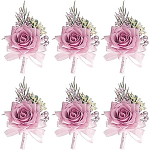 6pcs Wedding Corsage, Wrist Corsage for Bride Bridesmaid, Boutonniere for Groom Groomsmen, Lapel Flower Pin Rose Flower Brooch Handmade Silk Flower Wristlet Band for Prom Party Wedding Type 7