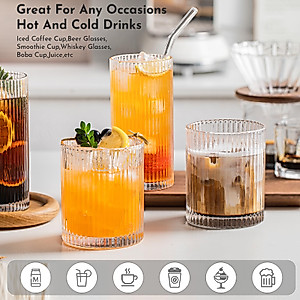 INSETLAN Ribbed Glass Tumblers Set of 6-14 oz Vintage Glassware, Clear Drinking Glasses for Wine, Juice, Cocktails, Water, Iced Coffee, Whiskey - Dishwasher Safe, Durable and Elegant