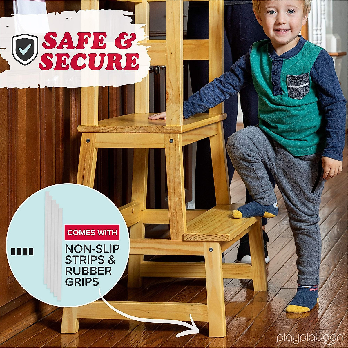 Play Platoon Toddler Kitchen Stool - Light Wood Wooden Step Stool Tower for Kids Kitchen Counter Learning, Standing Tower for Kitchen Counter, 3 Heights Adjustable Solid Wood, Non-Slip Mat for Safety