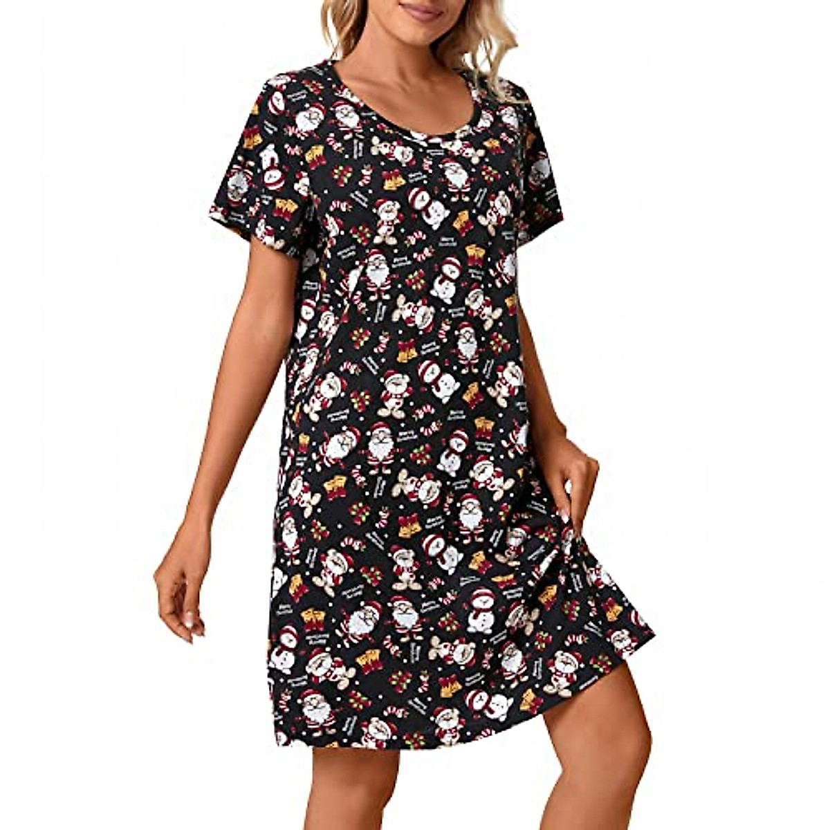Tugege Women's Nightgown Short Sleeve Sleepshirts House Dress Sleepwear Casual Print Pajama (Christmas Snowman, Medium)