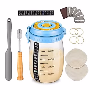 Sourdough Starter Kit, JAOBHAHY 35 OZ Sourdough Starter Jar with Lids, Reusable Sourdough Jar with Thermometer, Silicone Scraper, Cloth Cover and Bread Lame(1-Pack)