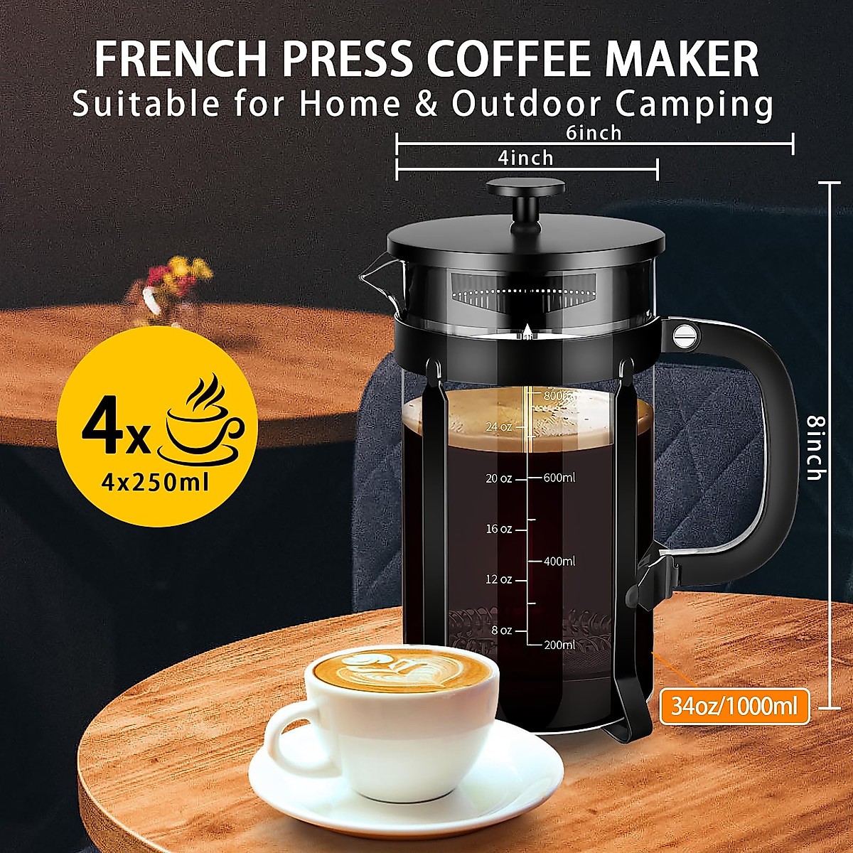 YMMIND French Press Coffee Maker 34oz 304 Stainless Steel Coffee Press,with 4 Filters System, Heat Resistant Thickness Borosilicate French Press Glass, BPA-Free Brewed Tea Pot Coffee Plunger