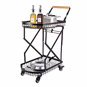 Folding Collapsible Cart, 2-Tier Mobile Folding Utility Trolley with Handle and Wheels,Heavy Duty Foldable Shopping Carts with Storage Basket for Groceries,Black Grocery Cart on Wheels,Load 88lbs