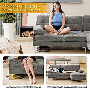 COOSLEEP Convertible Sectional Sofa Couch, 83" L-Shape Sofa Couch with Chaise Convertible,ChenilleFabric Upholstered for Living Room, Apartment, Office (Grey)