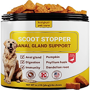 Kinpur Pet Care Scoot Stopper Dog Soft Chews w/Fiber - Stool Hardener for Dog Anal Gland Treatment, Digestion Support -180 Tasty Chews w/Natural Flaxseed, Pumpkin and Psyllium Husk for Dog Comfort