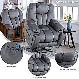 CANMOV Large Power Lift Recliner Chair with Massage and Heat for Elderly, Overstuffed Wide Recliners, Heavy Duty and Safety Motion Reclining Mechanism with USB Ports, 2 Concealed Cup Holders, Gray