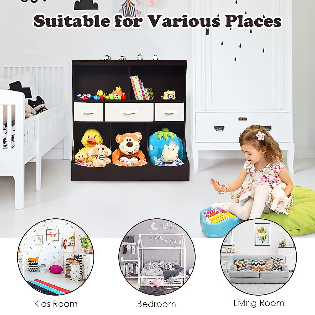 HONEY JOY Kids Toy Storage Organizer with Bookcase, 8-Cubby Organization Storage Cabinet w/Display Shelf & 3 Removable Fabric Bins, Wooden Toy Storage Unit for Playroom, Nursery Daycare(Espresso)