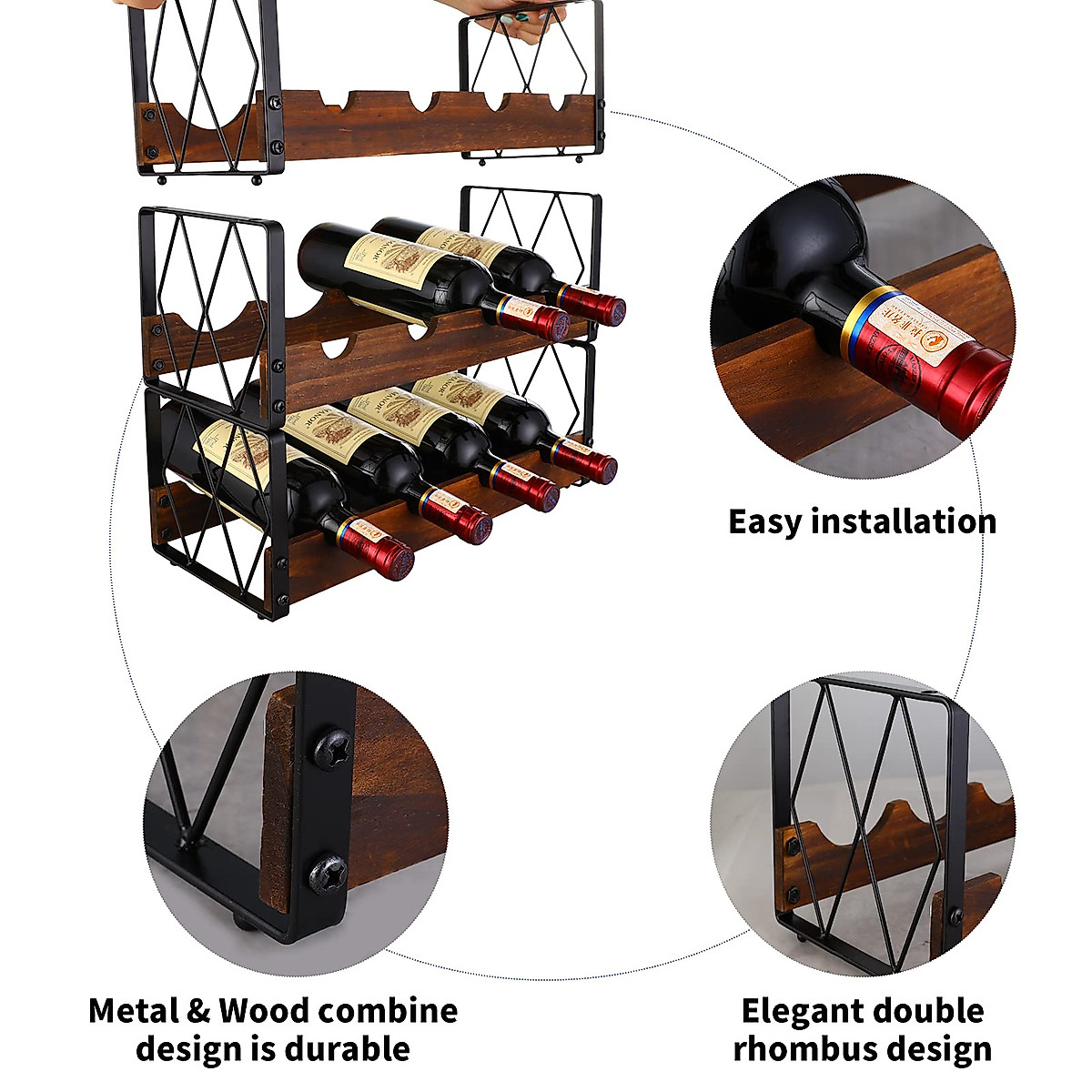 RedCall Wine Rack Freestanding,3 Tier Stackable Wine Bottle Holder Organizer,12 Bottles Wine Storage Shelf,Liquor Rack for Countertop,Solid Wood & Iron Rustic Style Liquor Cabinet
