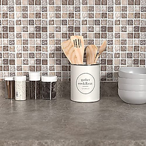 Barnyard Designs Metal Utensil Crock Holder, Rustic Farmhouse Countertop Decor, Country Kitchen Utensil Storage Caddy Organizer, White, 5.5" x 6.75”