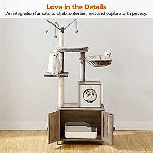 HOOBRO Cat Tree Tower with Litter Box Enclosure for Indoor Cats, Wooden Cat Condo with Scratching Posts, Cat Litter Box Furniture Hidden, All-in-One Cat Toy with Cat House, Greige BG15MZ03