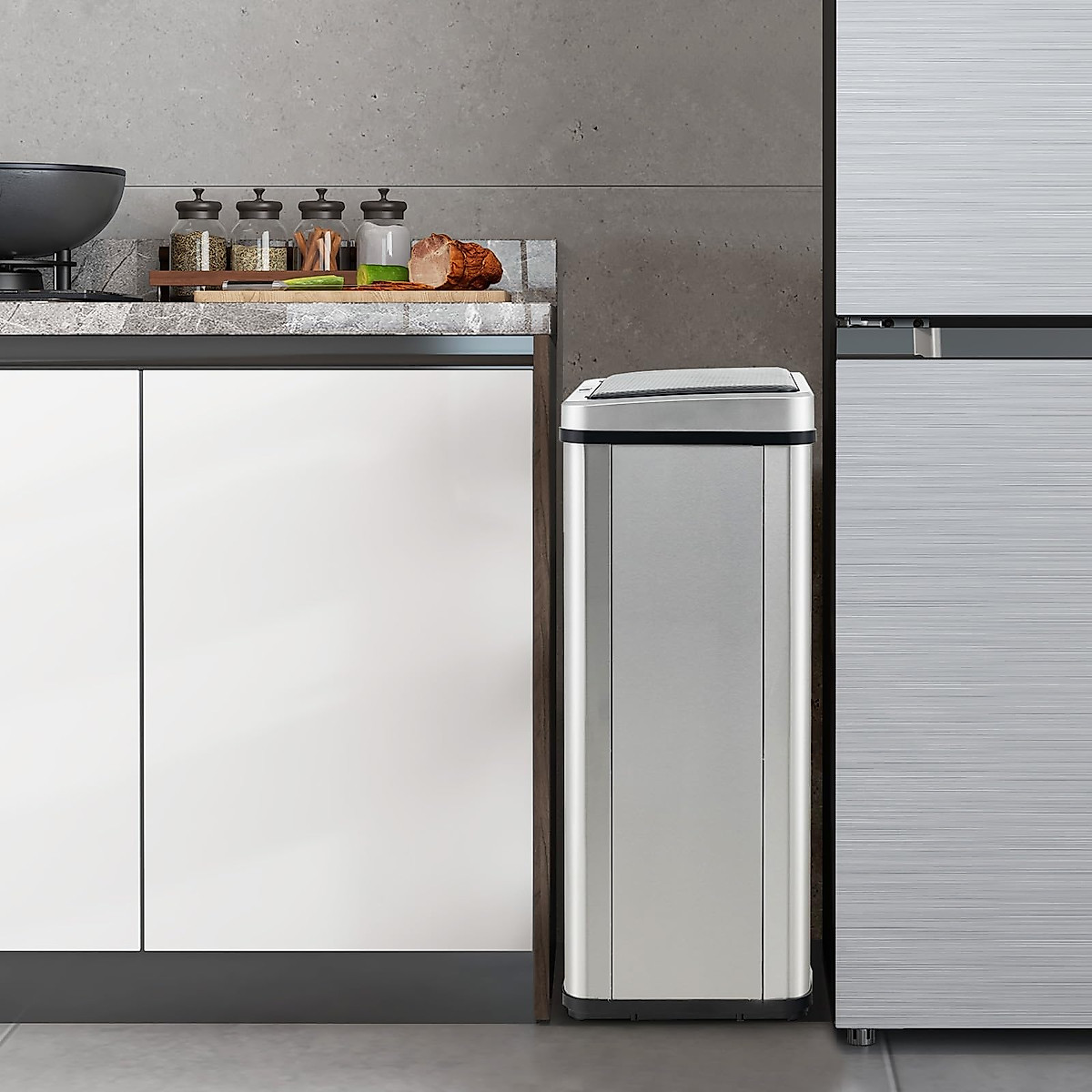 Goplus Stainless Steel Trash Can 13 Gallon, Automatic Motion Sensor Garbage Can with Stay-on Lid and Soft Closure, Elevated Tall Waste Bin with Detachable Legs for Kitchen, Office, Silver