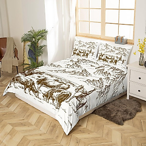 Erosebridal Cattle Duvet Cover King, Cows Grazing Bedding Set for Cowboys, Hand Drawn American Wild West Mountain Cowboy Comforter Cover, Farmhouse Rustic Country Bedroom Decor Retro Quilt Cover