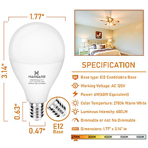 hansang E12 LED Ceiling Fan Light Bulbs 60 watt Equivalent, E12 Candelabra Base led Bulbs Warm White 2700K,A15 Small Base LED Light Bulbs for Ceiling Fan,600LM,Non-Dimmable, 8 Pack