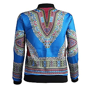DONTAL Women Dashiki Coat Retro Long Sleeve African Print Short Casual Jacket Autumn Outwear Blue
