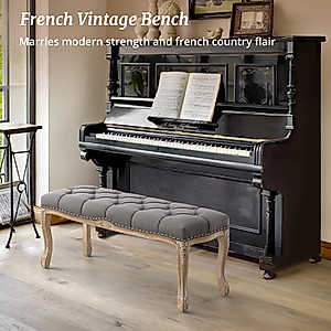 Cozyman Bedroom Bench, French Vintage Tufted Entryway Bench, 45.2" Carving Upholstered End of Bed Bench with Distressed Wood Legs, Linen Ottoman Bench Seat for Living Room, Foyer, Dining Room, Gray