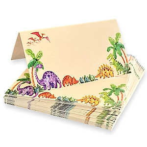 Dinosaur Place Cards - 25 Pack - Dinosaur Themed Card Labels for Food. Name Cards for Kids Birthday Parties, Jungle Theme Parties, Sleepover Parties, Cocktail Parties, and Buffets. 2” x 3.5” Folded.