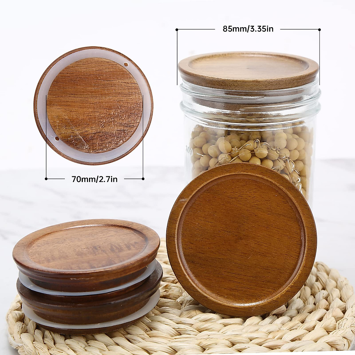 12 Pack Wide Mouth Mason Jar Lids, Reusable Canning Lids with Wooden and Silicone Seals - Perfect for Canning and Preserving in Mason Jars, Brown (12PCS Wide Lids)