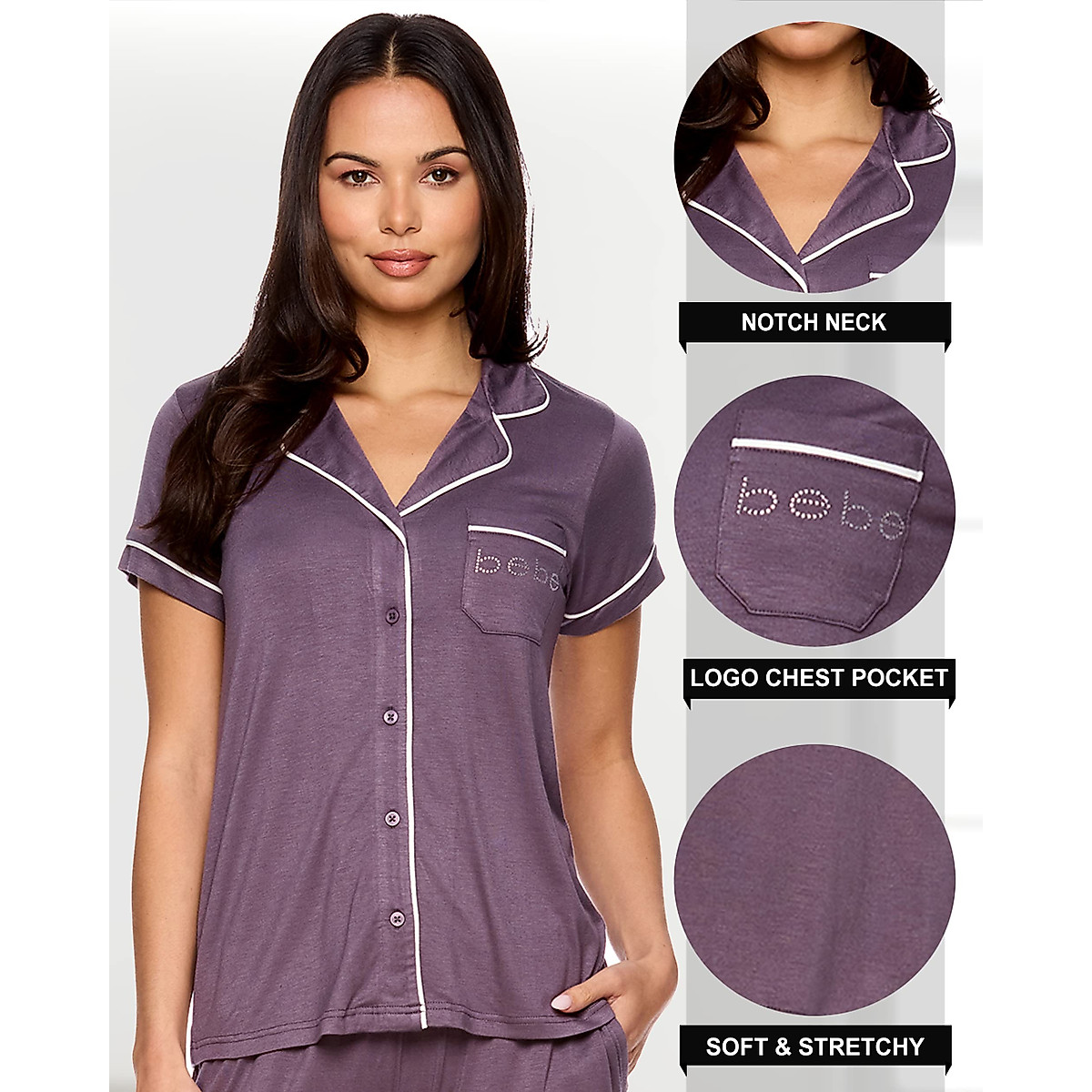 bebe Womens Pajama Sets - Notch Collar Pajama Top and Pajama Pants PJ Set - Ladies Pajamas (Midnight Lavender, Large)