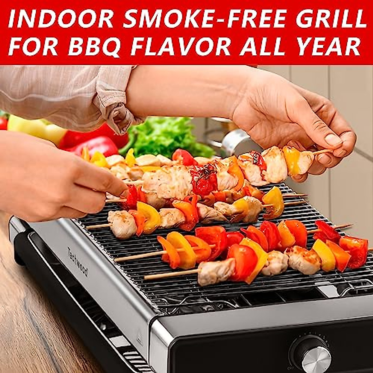 Indoor Electric Grill, Techwood 1500W BBQ Korean Grill with 5 Gear Temperature Adjustment & Metal Drip Tray, Handle, Removable Griddle and Grill Barbecue Plate for Party Cooking, Stainless Steel, Silver