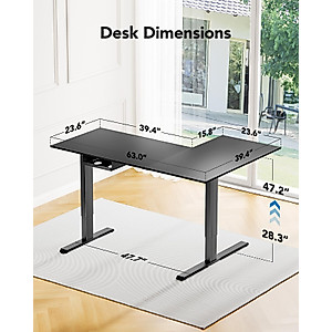HUANUO L-Shaped Standing Desk, 63 x 40 inch Dual Motor Corner Standing Desk, Electric Height Adjustable Computer Desk with Cable Tray & 3 Preset Heights, Raising Desk for Home Office, Black, HNESD109