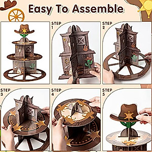 Haooryx Western Cowboy Party Decoration Cupcake Stand, 3 Tier Wild West Wooden House Barn Door Cupcake Tower Cardboard Dessert Holder for Western Cowboy Theme Birthday Party Baby Shower Table Supplies