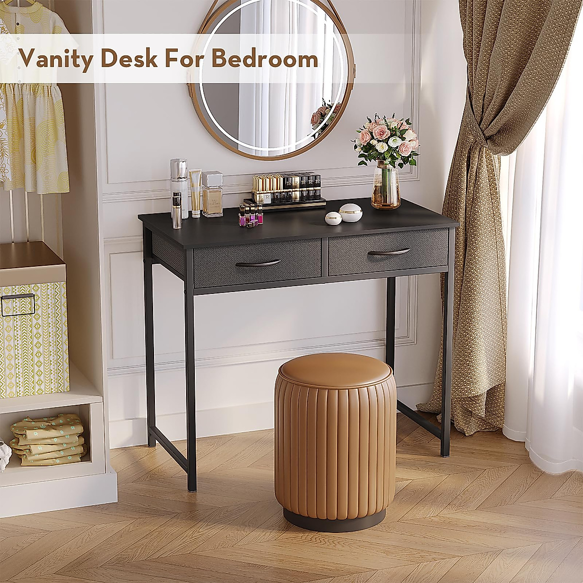 WOHOMO Small Computer Desk with Drawers, 31.5 Inch Black Vanity Desk with Storage, Home Office Computer Desk for Small Spaces, Modern Work Writing Study Table, Black