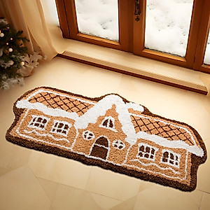 Phantoscope Christmas Rug, Gingerbread House Shaped Area Rug, Non-Slip Ultra Soft Microfiber Door Mat Plush Christmas Decorative Rug for Living Room Bedroom, Beige, 20 x 47 inches