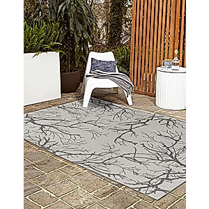 Unique Loom Outdoor Botanical Collection Area Rug - Branch (7' 1" x 10' Rectangle, Light Gray/ Gray)