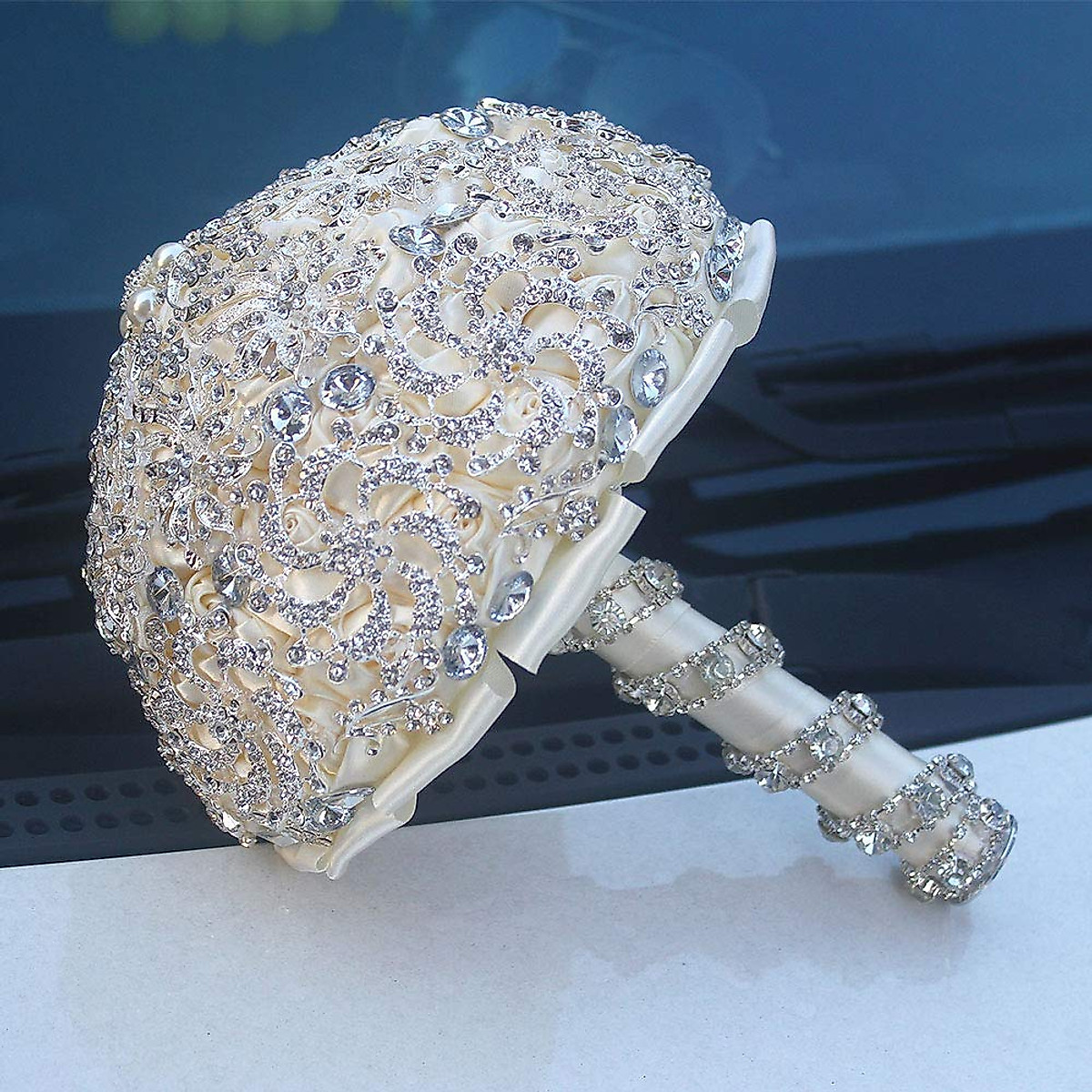 DOTKV Wedding Bouquet with Silver Luxury Artificial Diamond,Set Including Bouquets, Wrist Flowers,Corsage for Your Wedding with Full Hand-Made (Silver+Ivory)