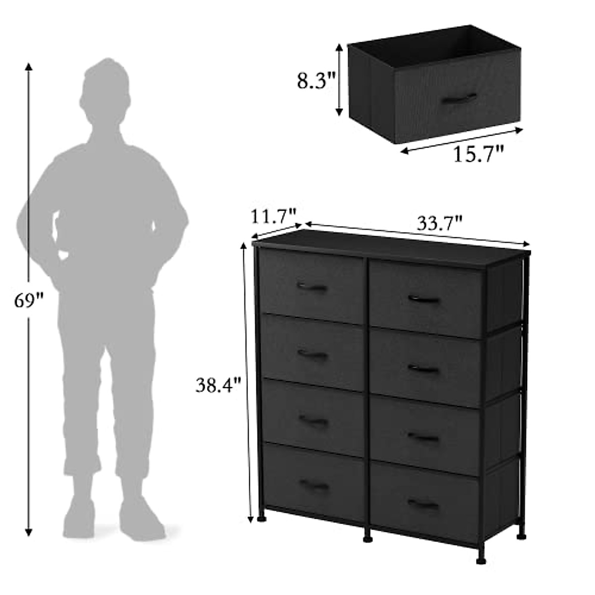 JUMMICO Tall Wide 8 Drawers Dresser for Bedroom, Dormitory (Black)