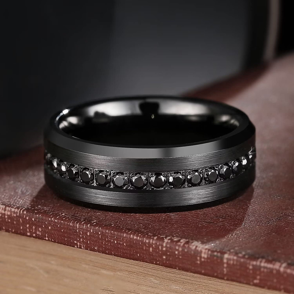 King Will Mens 8mm Black Men Women Tungsten Carbied Rings Wedding Bands Cubic Zirconia Eternity Ring CZ Inlaid Black 9