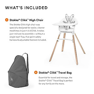 Stokke Clikk High Chair (White) + Travel Bag (Grey) - All-in-One High Chair with Tray + Harness - Light, Durable & Travel Friendly - Best for 6-36 Months or Up to 33 lbs