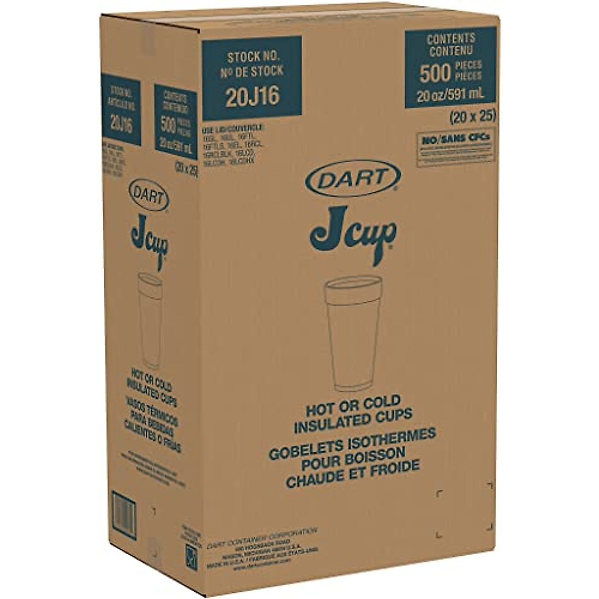 DART 20J16 3.7" Top and 2.4" Bottom Diameter, 6.1" Height, 20 Oz Big Drink Foam Cup (Case of 500), White