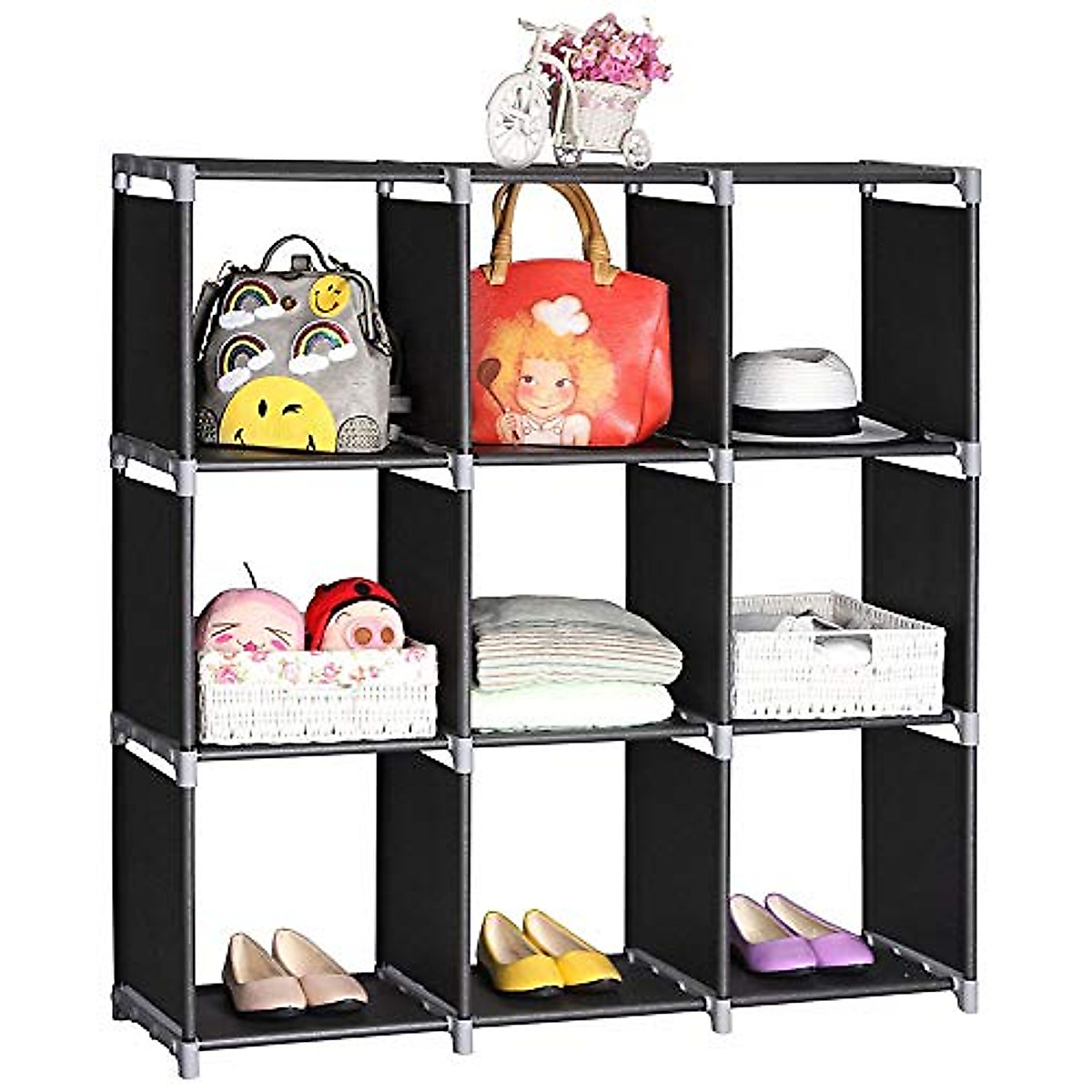 Realremhai Storage Shelf Black Assembled 3 Tiers 9 Compartments