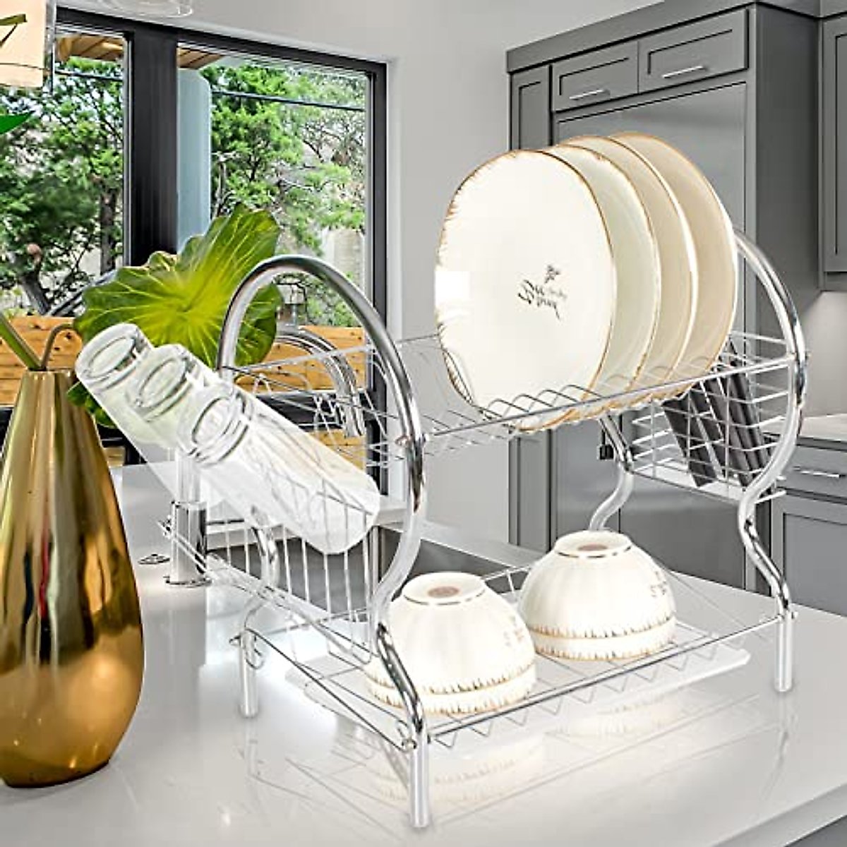 2 Layer 38cm Dish Drainerd Dual Layer Dish Drying Rack Kitchen Collection Shelf Drainer Organizer Over The Sink Mesh Colander Crate and Barrel (Silver, One Size)