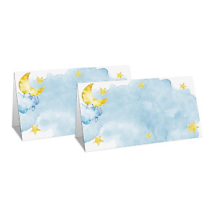 Table Place Card for Baby Shower, 25 Pcs Tent Cards Set with Moon and Stars Design, Editable Name Cards for Table Seating, Sleepover Party Food Lables, Twinkle Little Star Baby Shower Decorations(07)