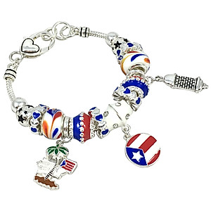 Elosee Puerto Rico Theme Murano Glass Charm Bracelet 7.5 Inch (Silver Tone)
