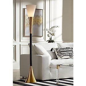 Possini Euro Design Piazza Mid Century Modern Glam Style Torchiere Floor Lamp 72.5" Tall Black Antique Brass Metal White Glass Shade for Living Room Reading House Bedroom Home Office