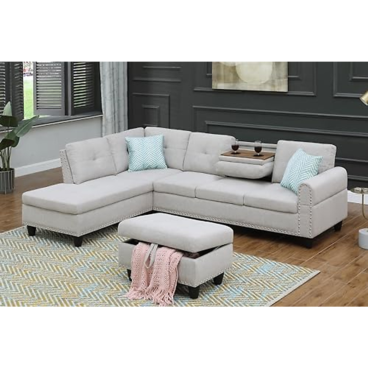 L Shaped Modular Sectional Sofa with Chaise Lounge and Storage Ottoman , Reversible Sleeper Corner Couch w/ Drop Down Backrest & Cupholders ,5 Seaters Linen Upholstered Lounge Sofá for Living Room