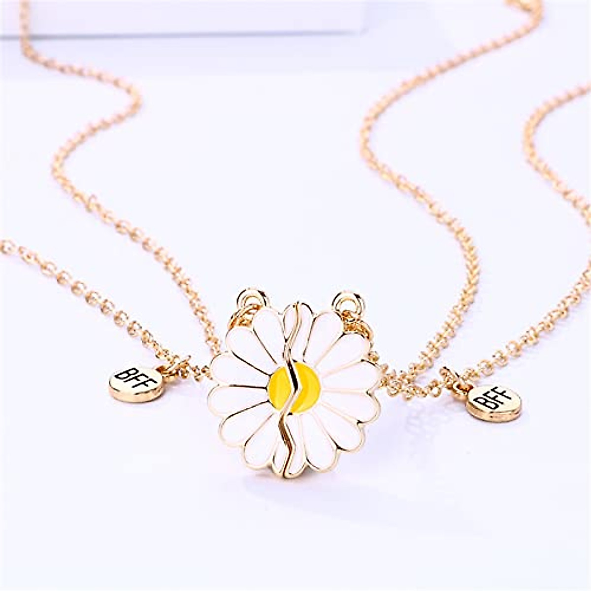 2Pcs Half Sun Sunflower Daisy Flower Pendant Necklace for Women Best Friend Attraction Long Distance Matching Adjustable Necklace Friendship Jewelry-D gold sunflower