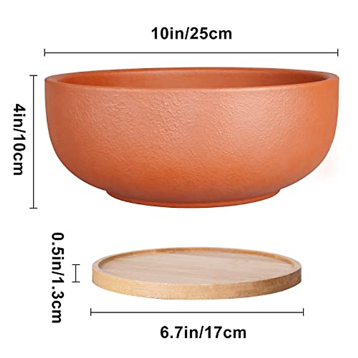SQOWL 10 Inch Large Terracotta Planter Pot,Clay Succulent Bonsai Planter with Drainage Hole and Bamboo Saucer for Indoor Plants