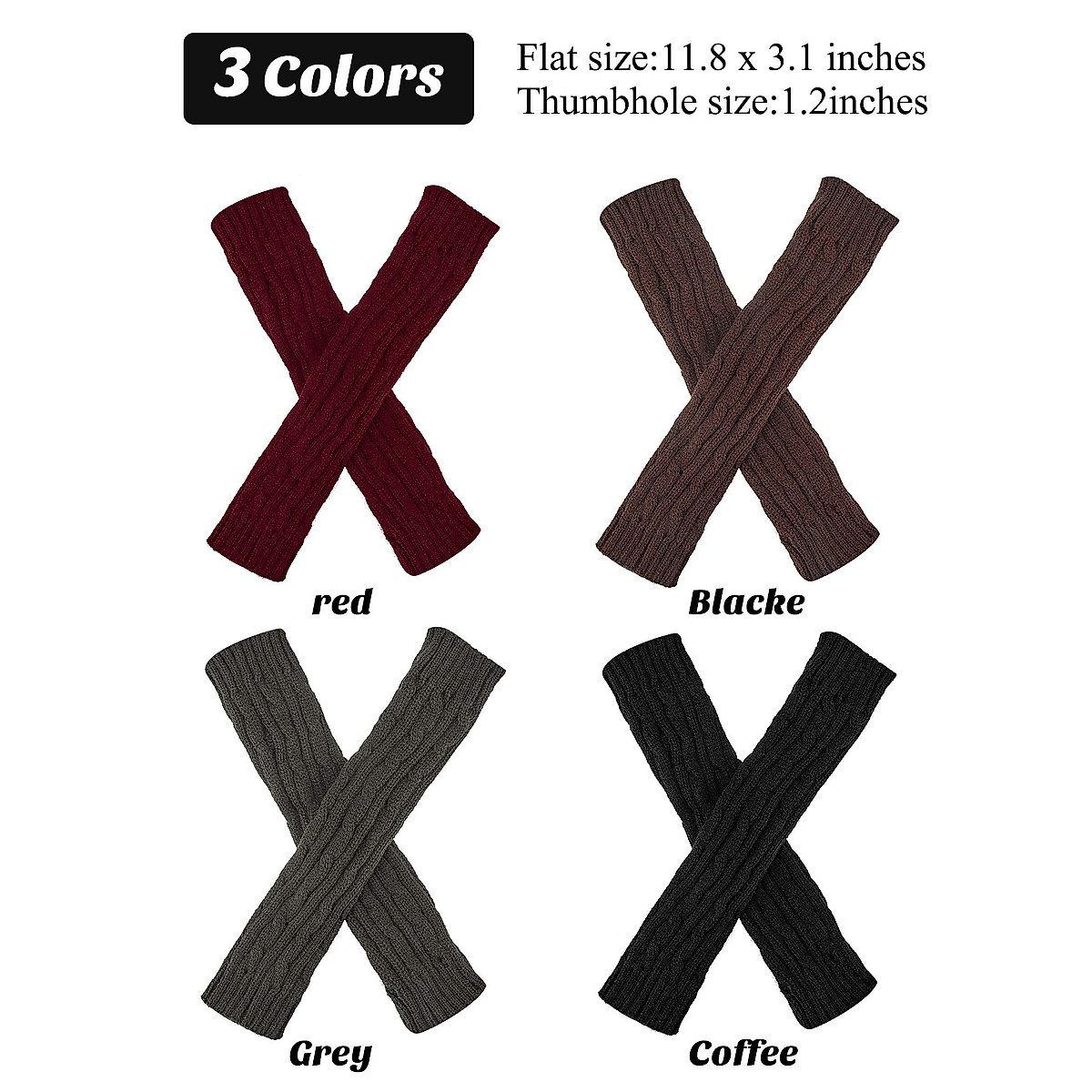 4 Pairs Knitted Arm Warmers Gloves Winter Long Fingerless Gloves Thumb Hole Gloves Mittens for Women and Men (Black, Dark Gray, Wine Red, Coffee)