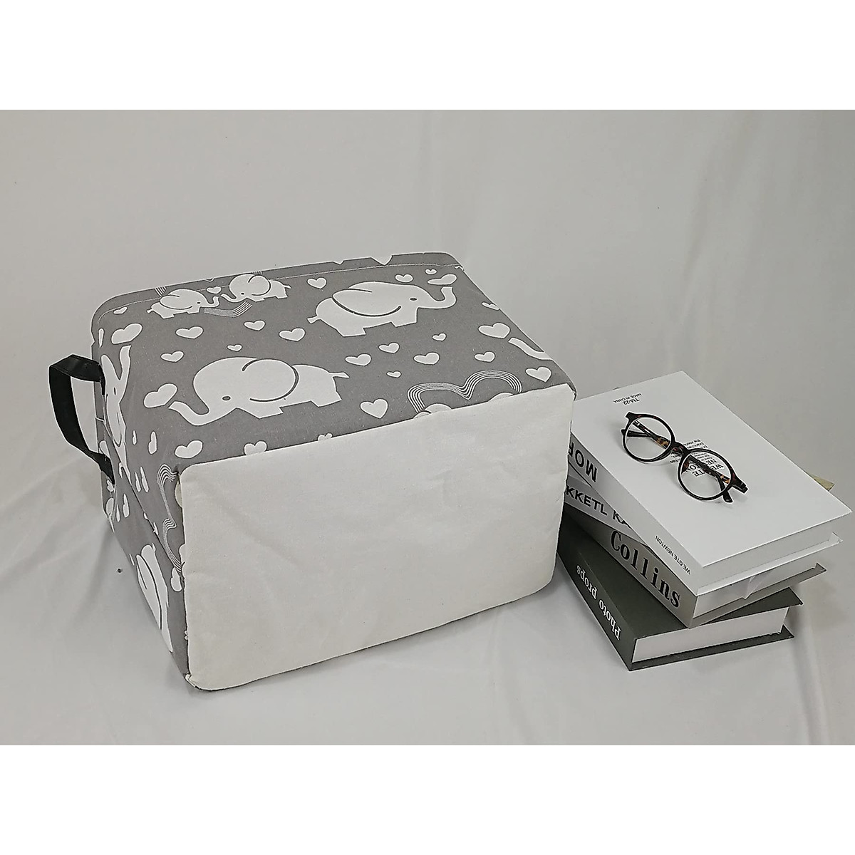 DUYIY Rectangle Canvas Storage Basket with Handle Large Organizer Bins for Dirty Laundry Hamper Baby Toys Nursery Kids Clothes Gift Basket (REC-love elephant)