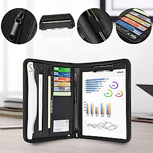 Leathario Portfolio Binder, A4 Padfolio Office Organizer, Business Folder Accessories with Zipper, Superior Vegan Leather, 9.7 Inch Tablet Sleeve, Writing Pad Document for Men Women, Card Storage
