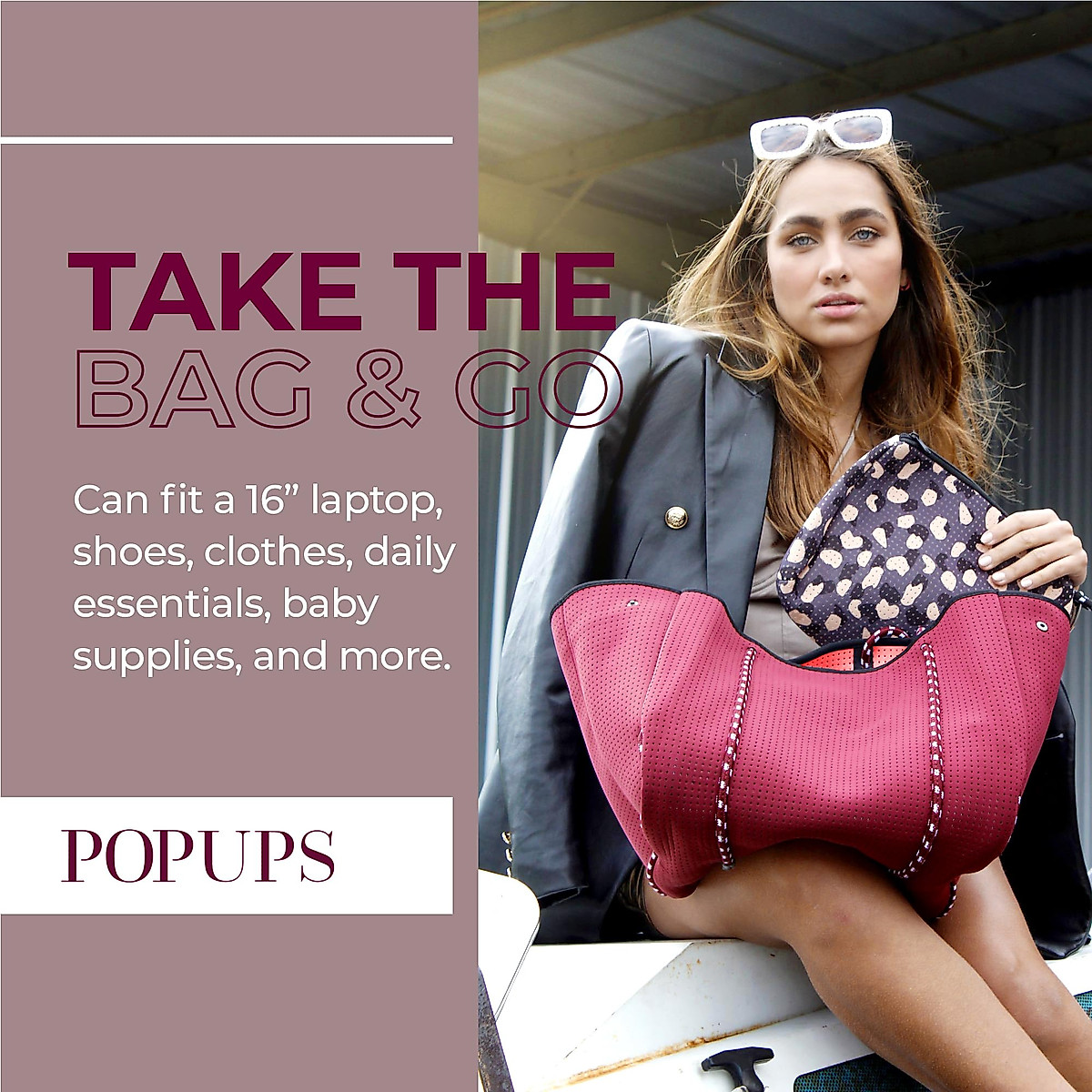 POPUPS Neoprene Large Tote Bags, Berry - Lightweight and Water-Resistant Neoprene Bag