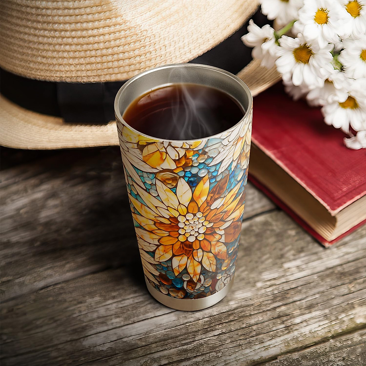 ORCAE 20oz Beautiful Colorful Daisy Flower, Stained Glass Style Flowers, Yellow Flower Tumbler Cup, Insulated Travel Mug with Lid, Coffee Thermos for Men, Women, Gifts for Women - C