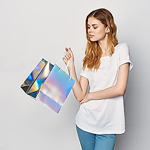 12 Pcs Holographic Silver Gift Bags Iridescent Party Bags with Handles and 20 Pcs Rainbow Glossy Clear Film Cellophane Sheets Reflective Wrapping Paper for Party Supplies